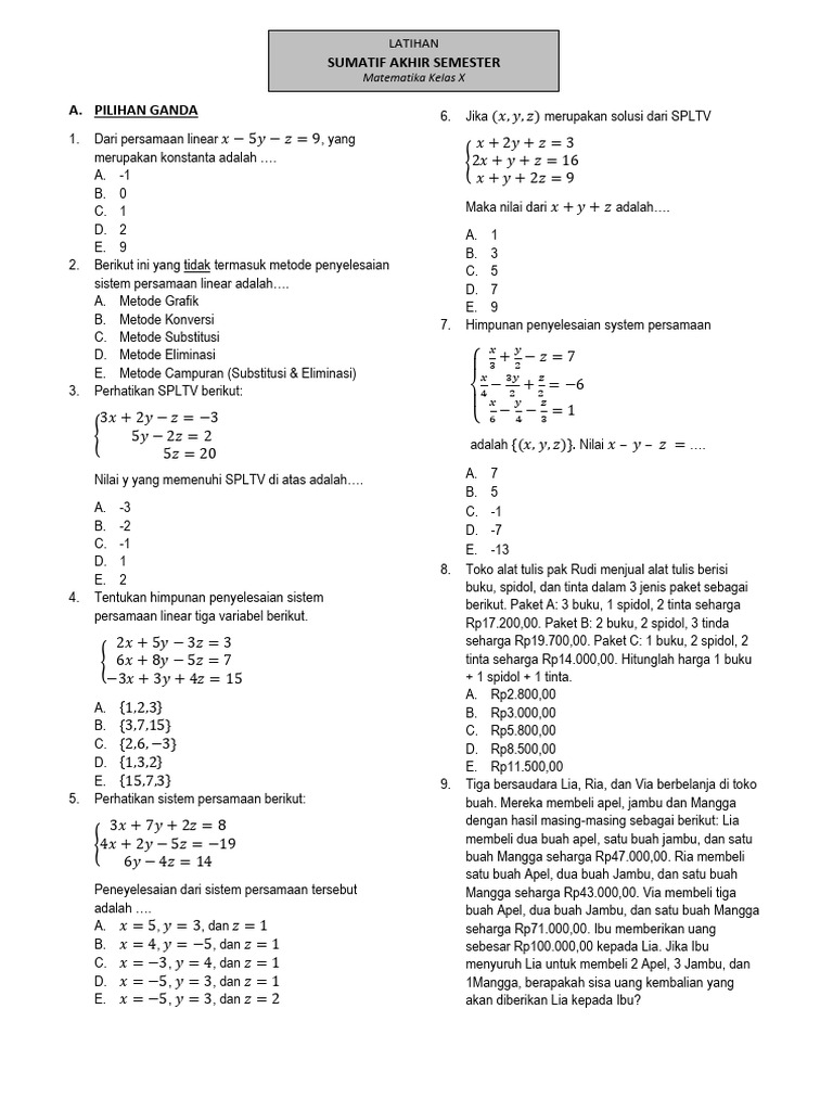 (REVISI) LATIHAN SOAL SAS - Genap - Matematika - Kelas X - 2024 | PDF