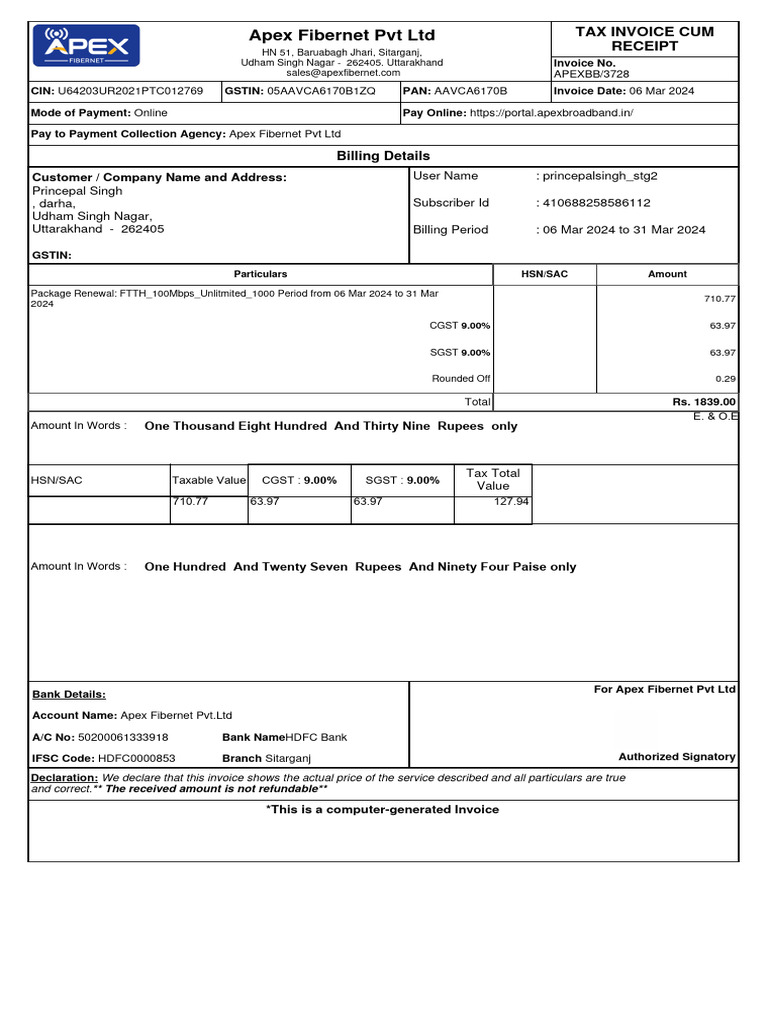 Apex Fibernet Tax Invoice - March 2024 | PDF | Receipt | Taxation