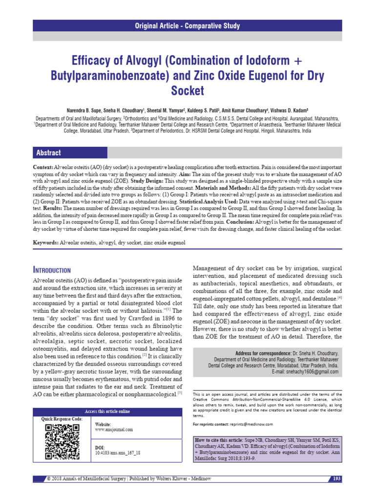 Efficacy of Alvogyl (Combination of Iodoform + Butylparaminobenzoate ...