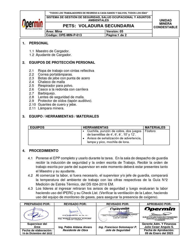 Ope-Min-P-013 Voladura Secundaria | PDF | La seguridad | Naturaleza