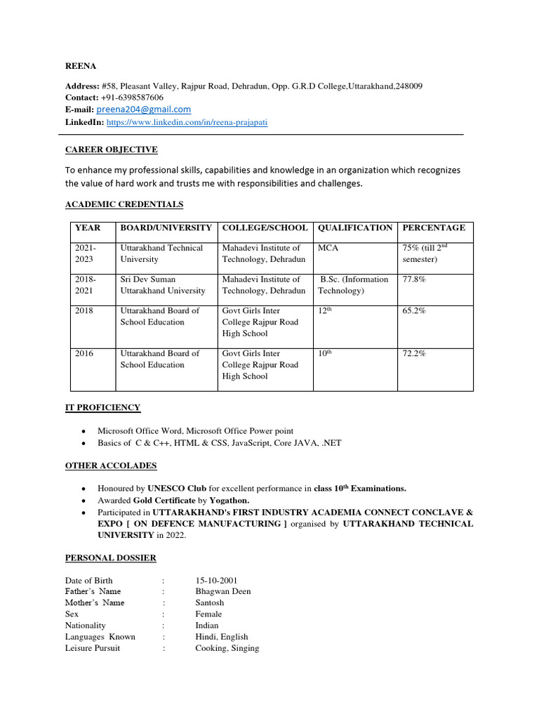 Reena CV | PDF | Career & Growth