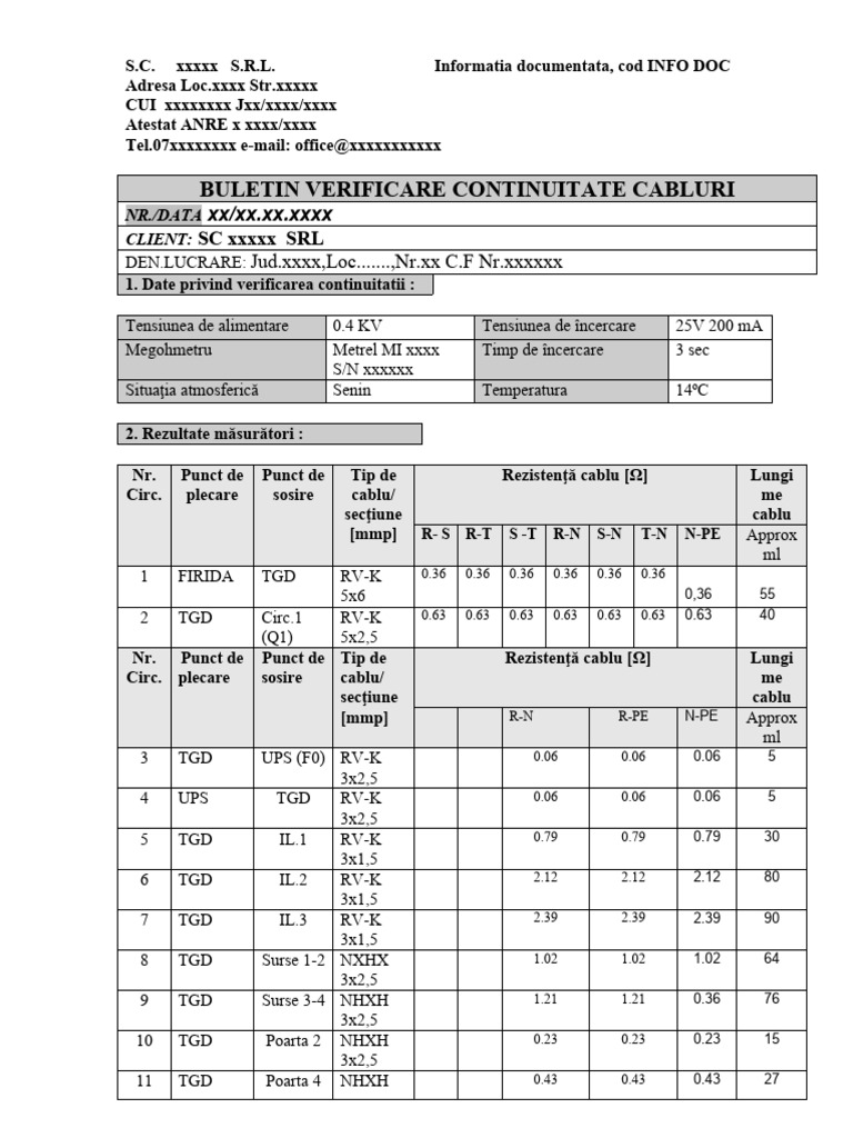 Buletin Verificare Continuitate Cabluri Model | PDF | Science & Mathematics