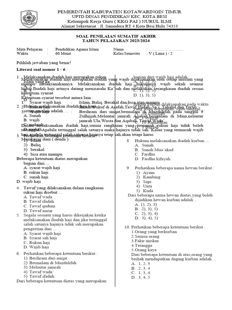 Soal Sumatif Akhir Pai Kelas V Semester 2 | PDF