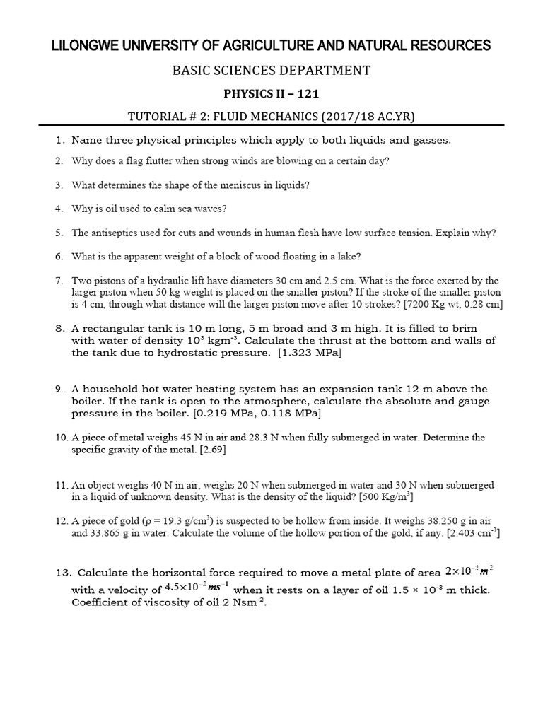 Fluid Mechanics Tutorial Questions | PDF | Pressure | Viscosity