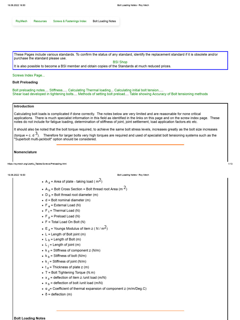 Bolt Loading Notes - Roy Mech | PDF | Screw | Mechanical Engineering