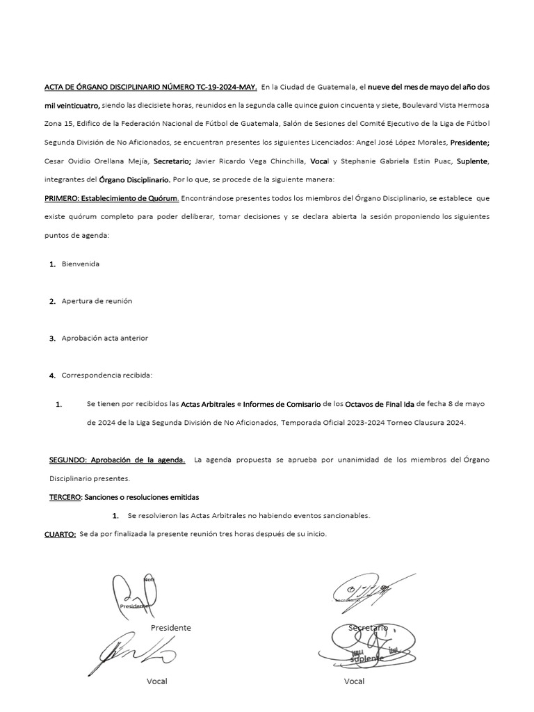 Acta de Ã - Rgano Disciplinario Nã - Mero Tc-19-2024-May | PDF | Guatemala | Asociación de Futbol