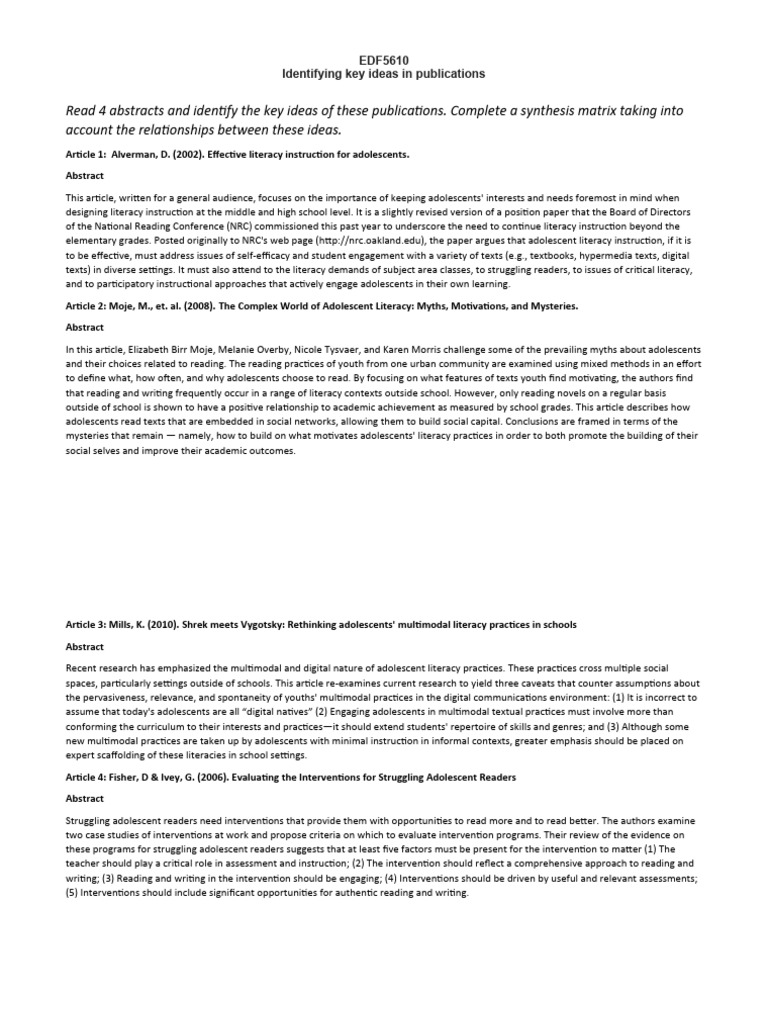 EDF5610 - Week3 - Identifying Key Ideas Synthesis Matrix | PDF ...