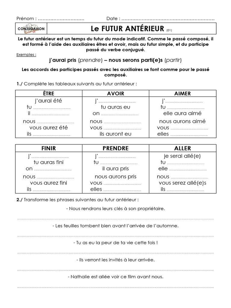 Futur Anterieur - Exo - 01 | PDF | Typologie linguistique | Syntaxe
