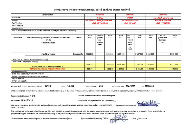 Comparative Sheet Fuel Purchase 2024 | PDF | Economies