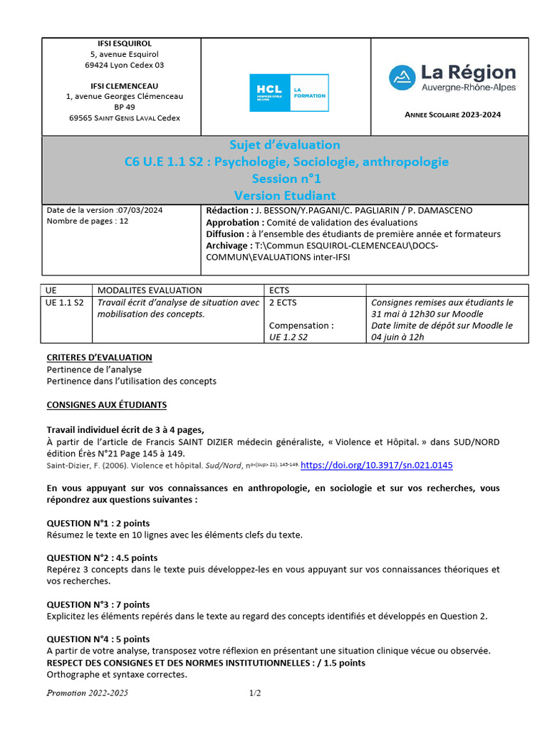 Evaluation 1.1 S2 Session 1 Version Etudiant | PDF | Enseignement des ...