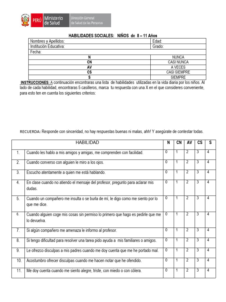 Evaluación de Habilidades Sociales Niños 8-11 | PDF | Relaciones ...