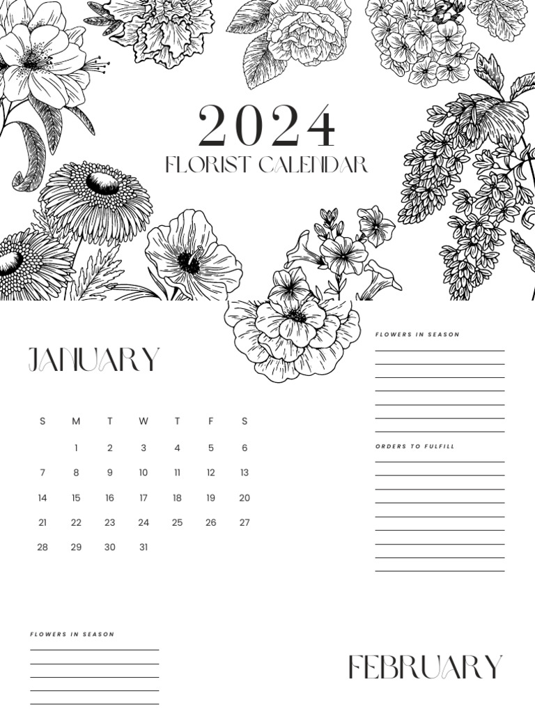 Black and White Minimalist Floral Illustration 2024 Calendar-2 | PDF ...