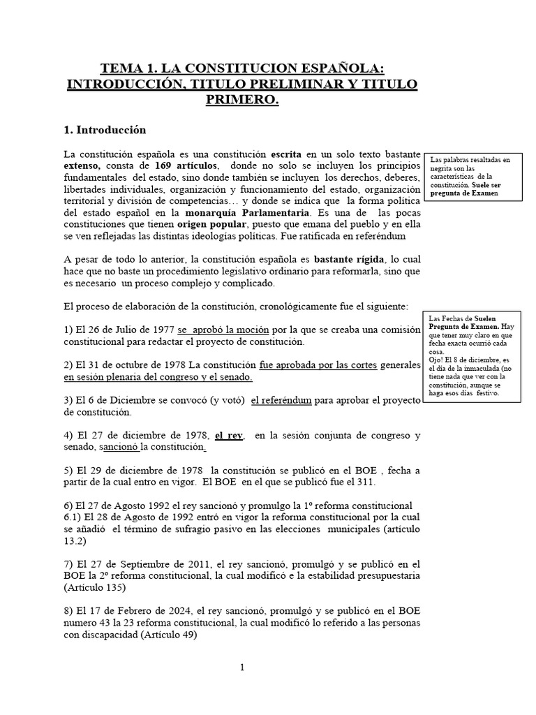 1 La Constitución Española Introducción Tiítulo Preliminar Y Título