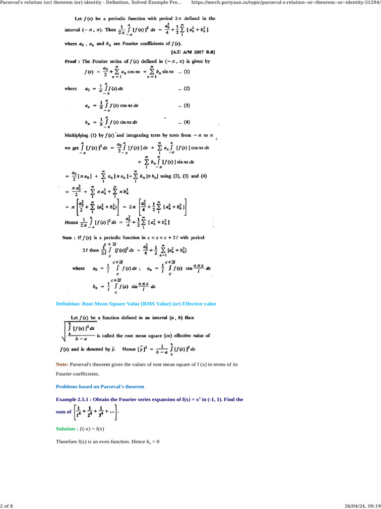 Parseval's Relation (Or) Theorem (Or) Identity - Definition, Solved Example Problems Fourier ...