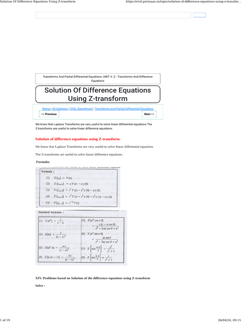 Solution of Difference Equations Using Z-Transform | PDF | Equations | Partial Differential Equation