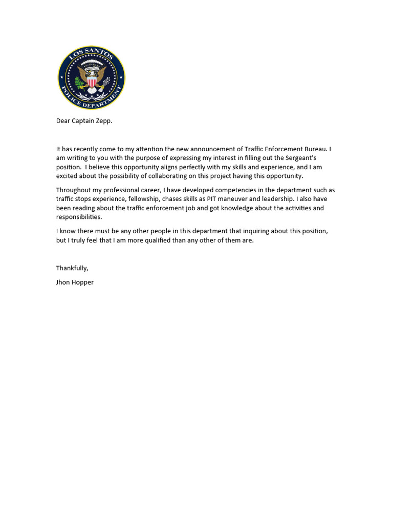 Letter of Interest in Sergeant's position for the Traffic Enforcement ... Letter of Interest in Sergeant's position for the Traffic Enforcement ...
