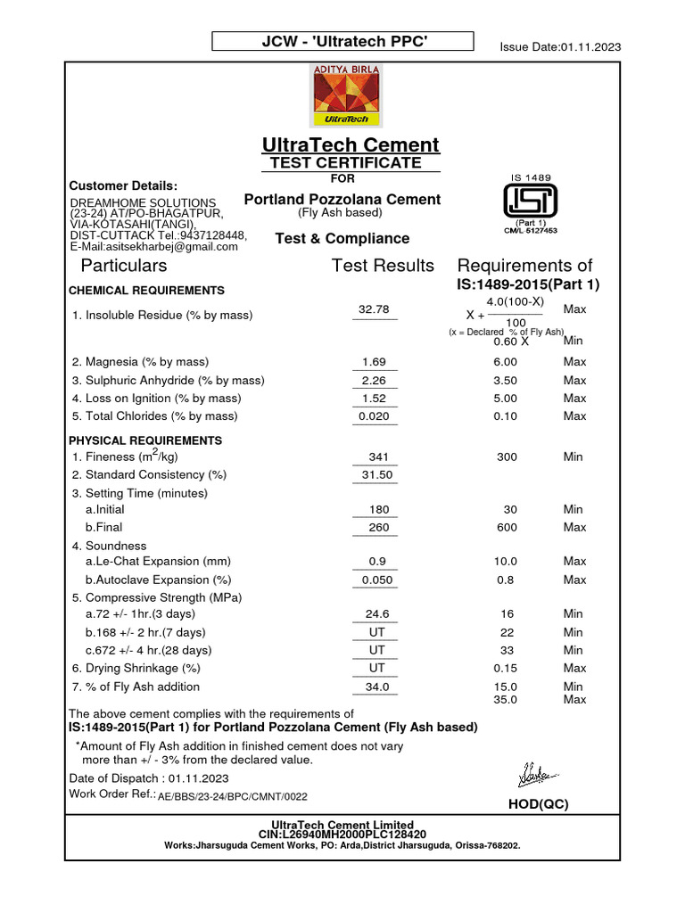 Ultratech Testing Report | Download Free PDF | Cement | Building Materials