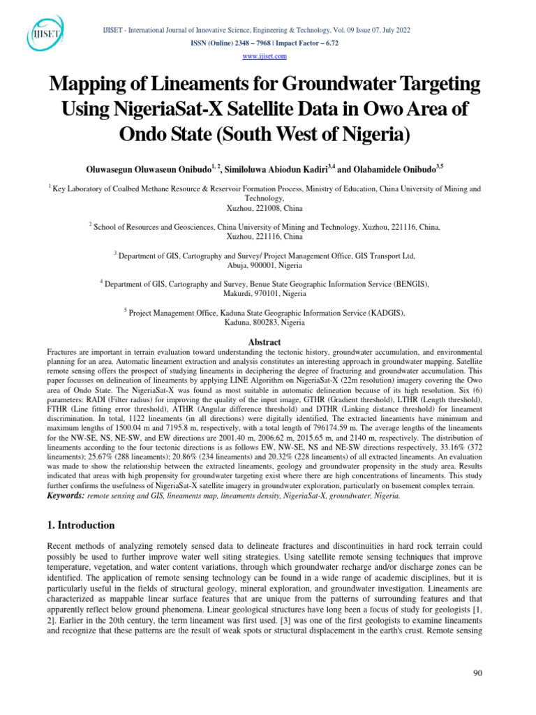 Mapping of Lineaments for Groundwater Targeting Using NigeriaSat-X Satellite Data in Owo Area of ...