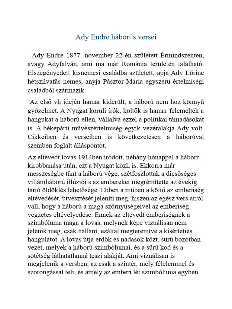 Ady Endre Háborús Versei | PDF