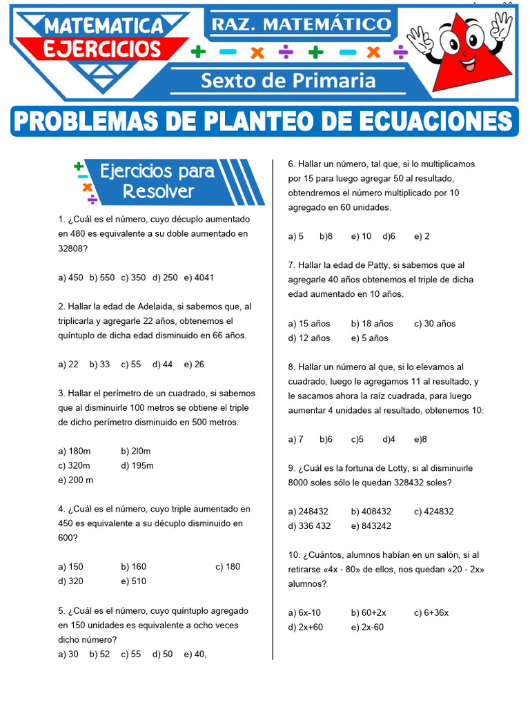 Problemas-de-Planteo-de-Ecuaciones-para-Sexto-Grado-de-Primaria | PDF