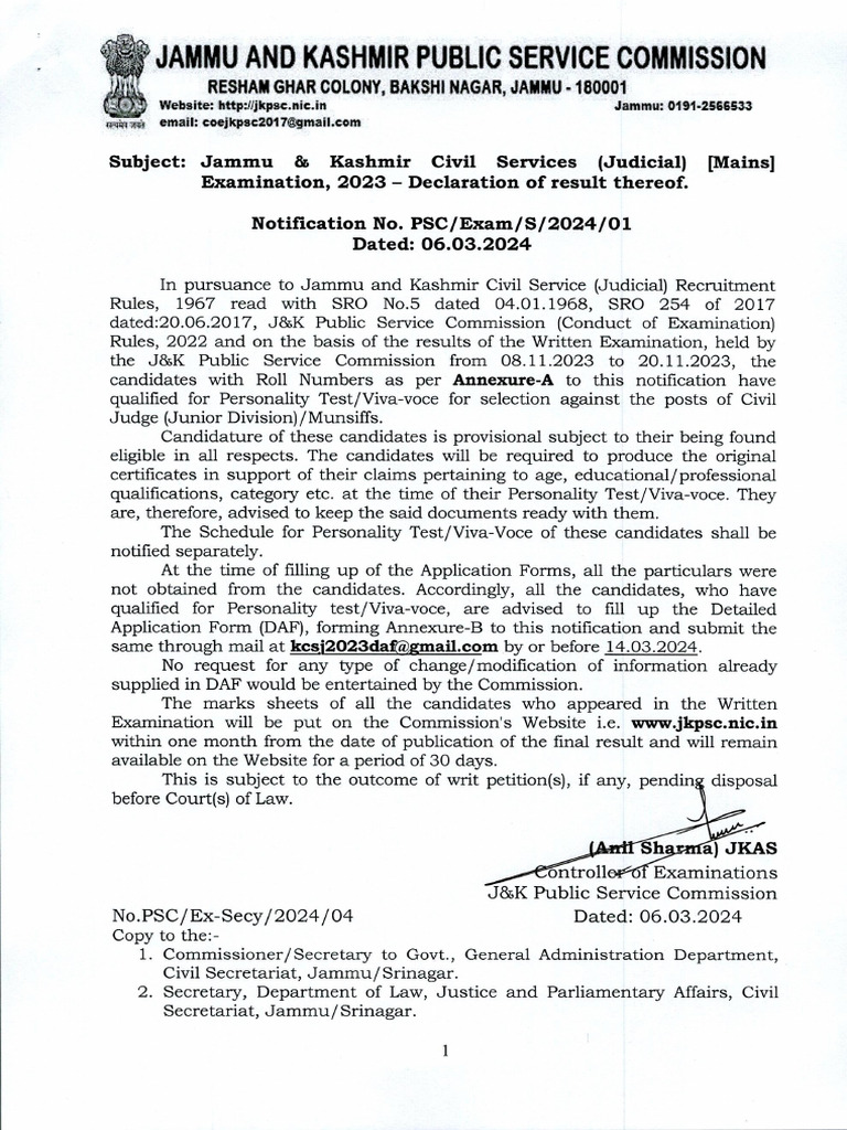 Jammu and Kashmir Civil Services (Judicial) (Mains) Examination 2023 ...