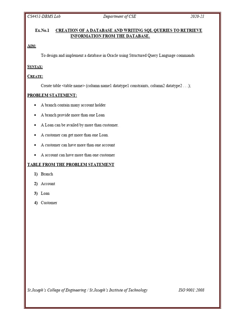 Dbms Lab Manual | PDF | Pl/Sql | Sql Dbms Lab Manual | PDF | Pl/Sql | Sql