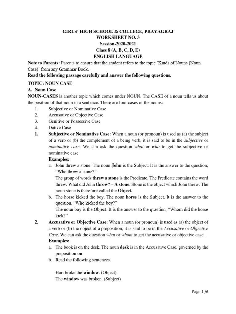 Noun Case Worksheet for Class 8 | PDF | Verb | Subject (Grammar)