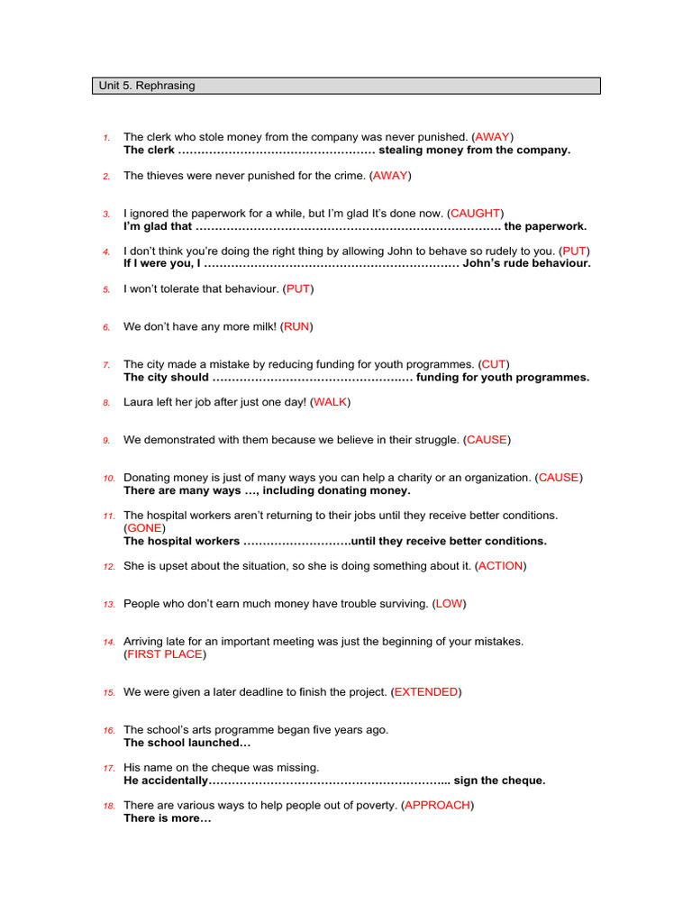 REPHRASING Unit 5 | PDF