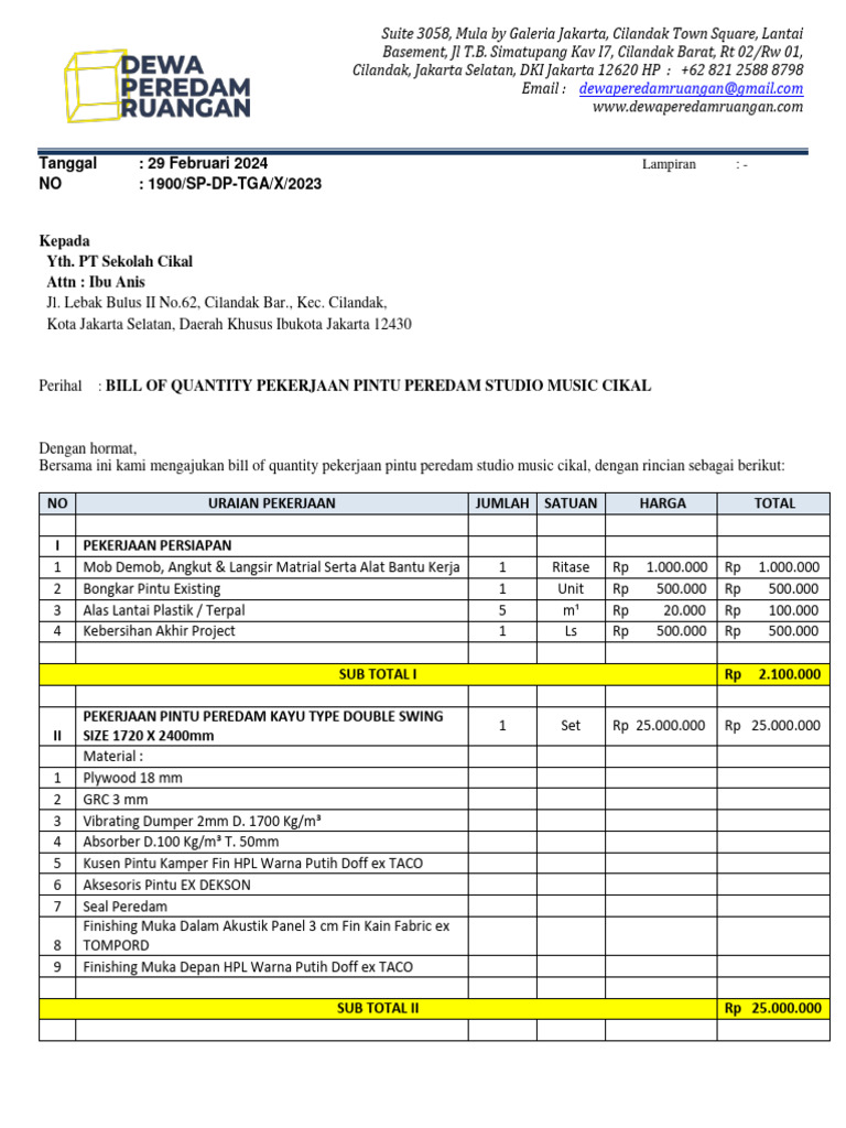 Quotation Pekerjaan Pintu Peredam Studio Music Cikal - PT Sekolah Cikal - Ibu Anis | PDF