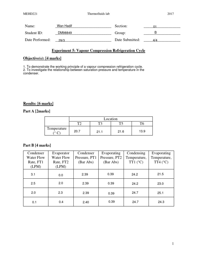 Experiment 5 Vapour Compression Refrigeration Cycle | PDF | Heat Pump ...