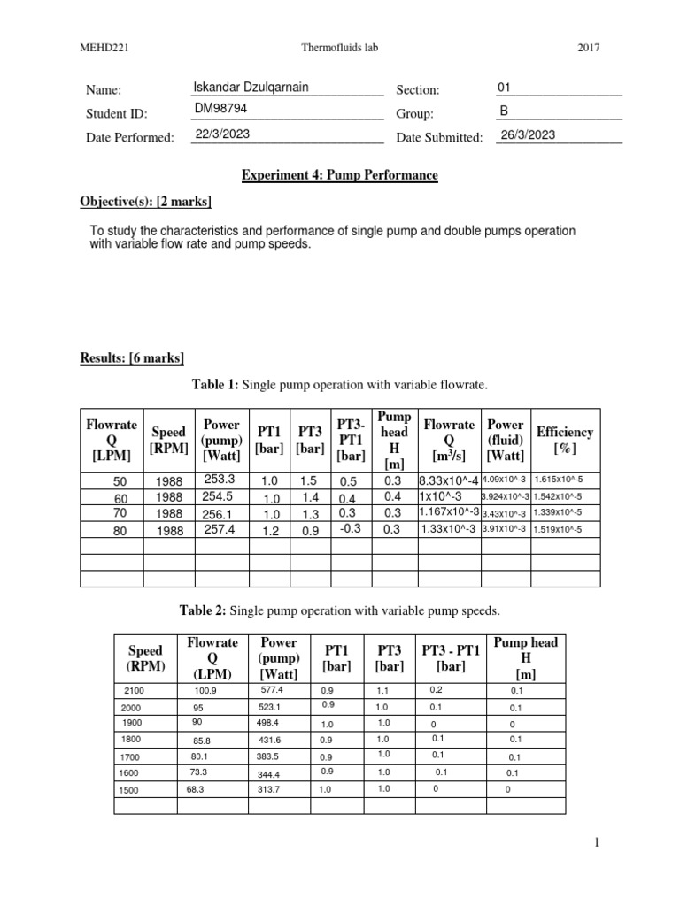 Pump Performance Analysis in Thermofluids Lab | PDF | Pump | Mechanics