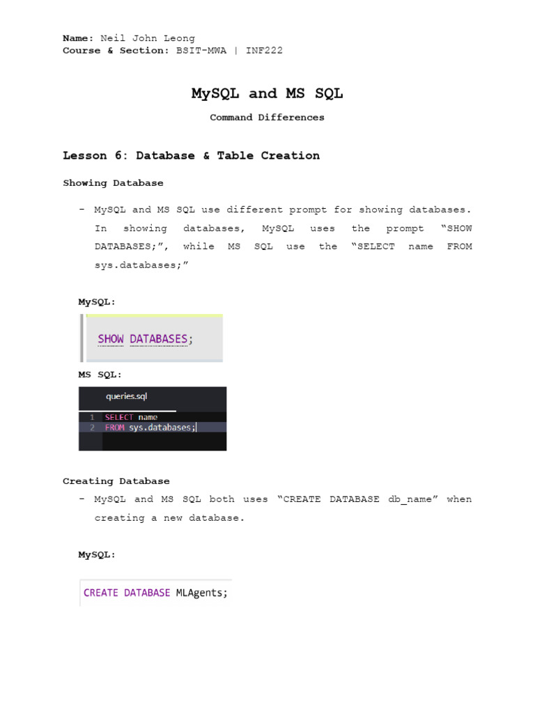 Mysql And Ms Sql Pdf Databases Sql