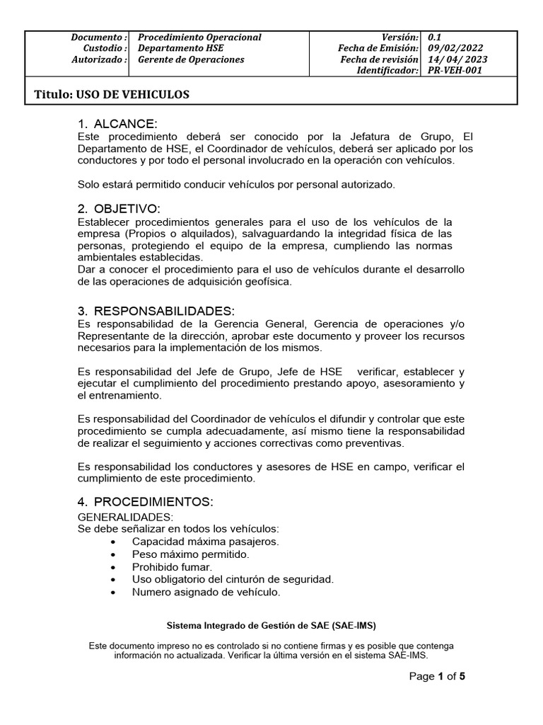 Pr-Veh-001 Uso de Vehiculos | PDF | Tecnología