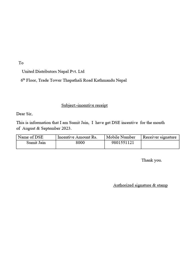 Incentive Receipt for Sumit Jain | PDF | Business | Finance & Money ...