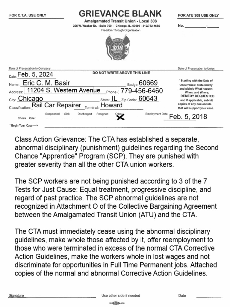 Class Action Grievance Second Chance Apprentice Disparate Treatment ...