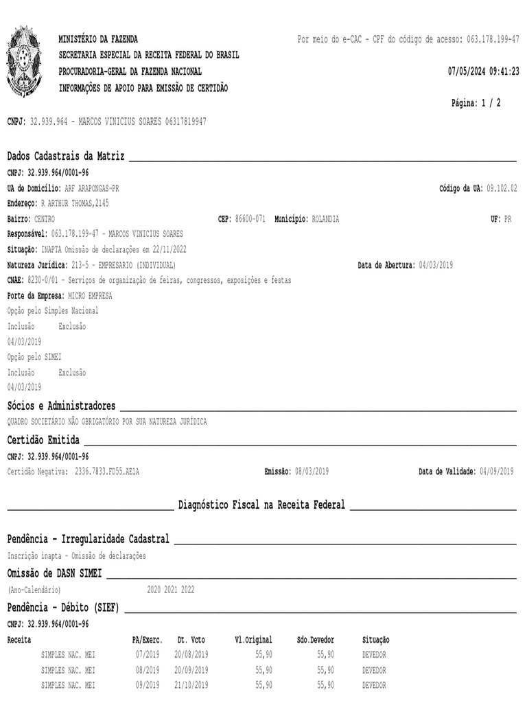 RelatorioSituacaoFiscal 32939964000196 20240507 | PDF | Brasil
