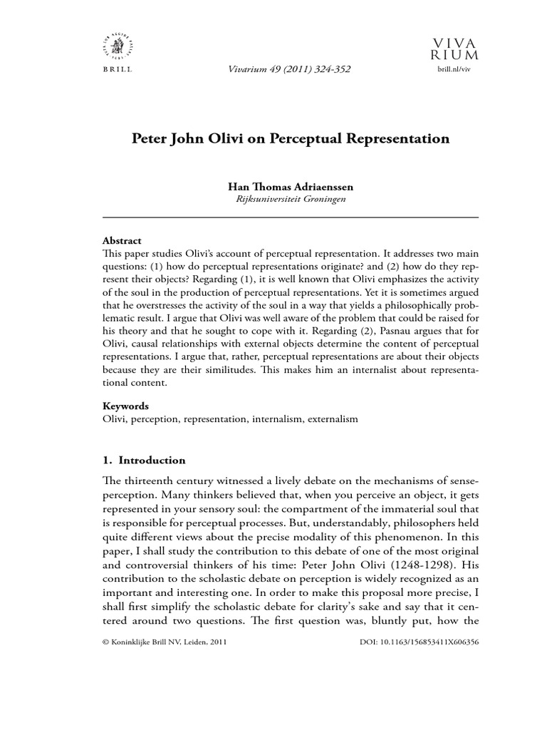 Adriaenssen, H.T. - Peter John Olivi On Perceptual Representation | PDF | Perception | Senses