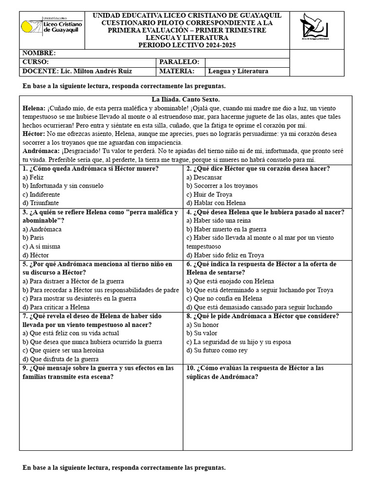 Cuestionarios 1ero BGU - Estudiante | PDF | Comprensión lectora