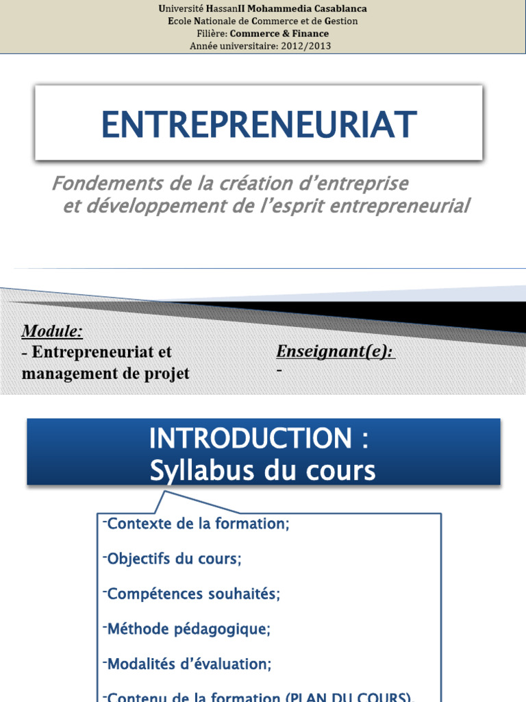 Cours D Entrepreneuriat | PDF | Entrepreneuriat | Business