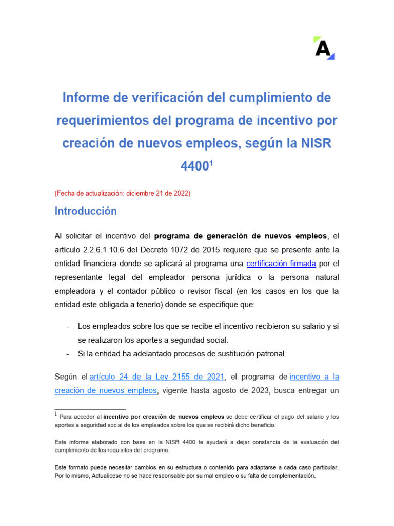 24 Informe NISR 4400 para Incentivo Por Nuevos Empleos | PDF | Auditoría