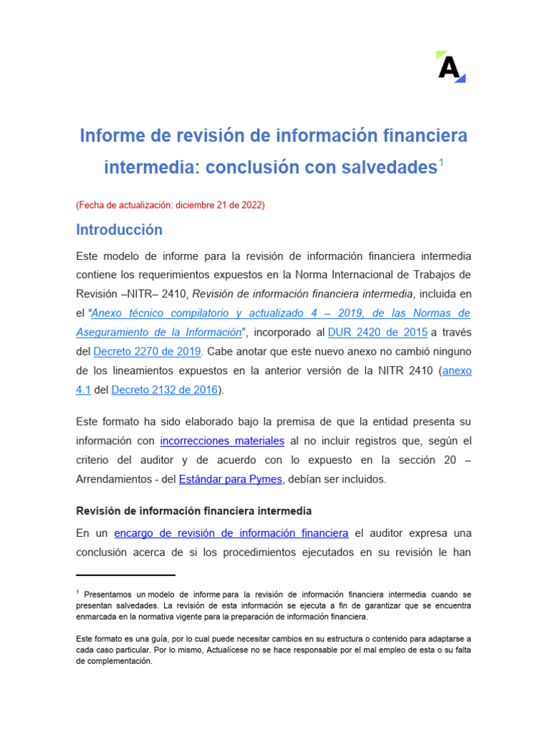 18 Informe de Revisión de Información Financiera Intermedia Con Salvedades | PDF | Contralor ...