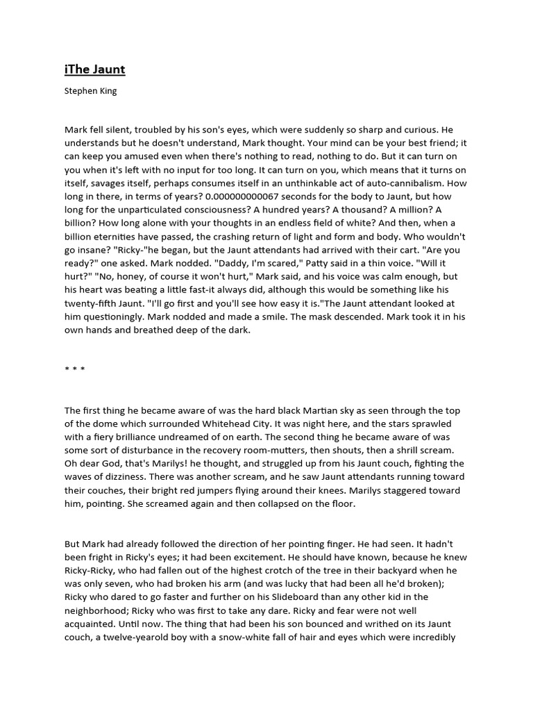 The Jaunt Monologue Stephen King Short Story | PDF