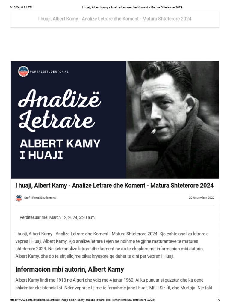 I Huaji, Albert Kamy - Analize Letrare Dhe Koment - Matura Shteterore 2024 | PDF