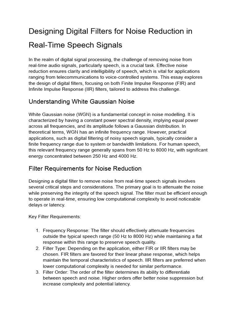 Designing Digital Filters for Noise Reduction in Real-Time Speech ... Designing Digital Filters for Noise Reduction in Real-Time Speech ...