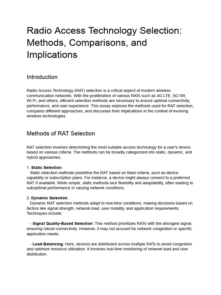 Radio Access Technology Selection - Methods, Comparisons, and ...