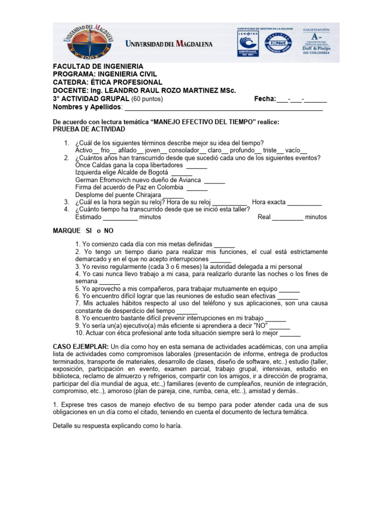 3° ACTIVIDAD TI MANEJO EFECTIVO DEL TIEMPO (60 Puntos) | PDF ...