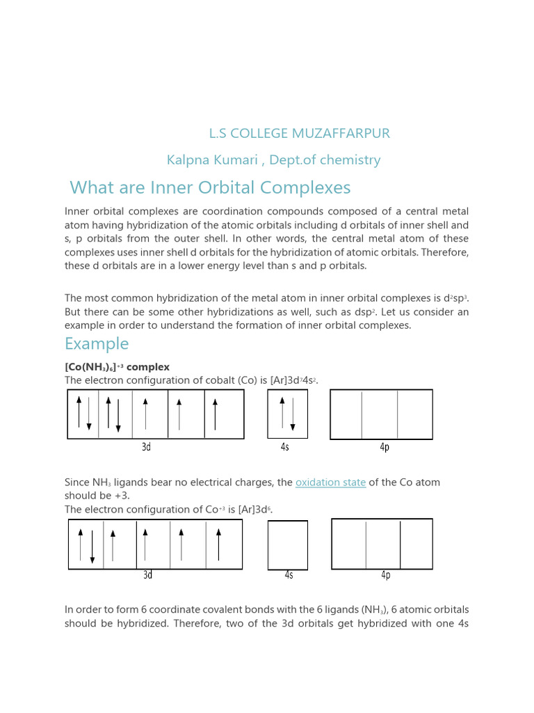 Inner and Outer Orbital Complexes | PDF | Coordination Complex | Atomic ...