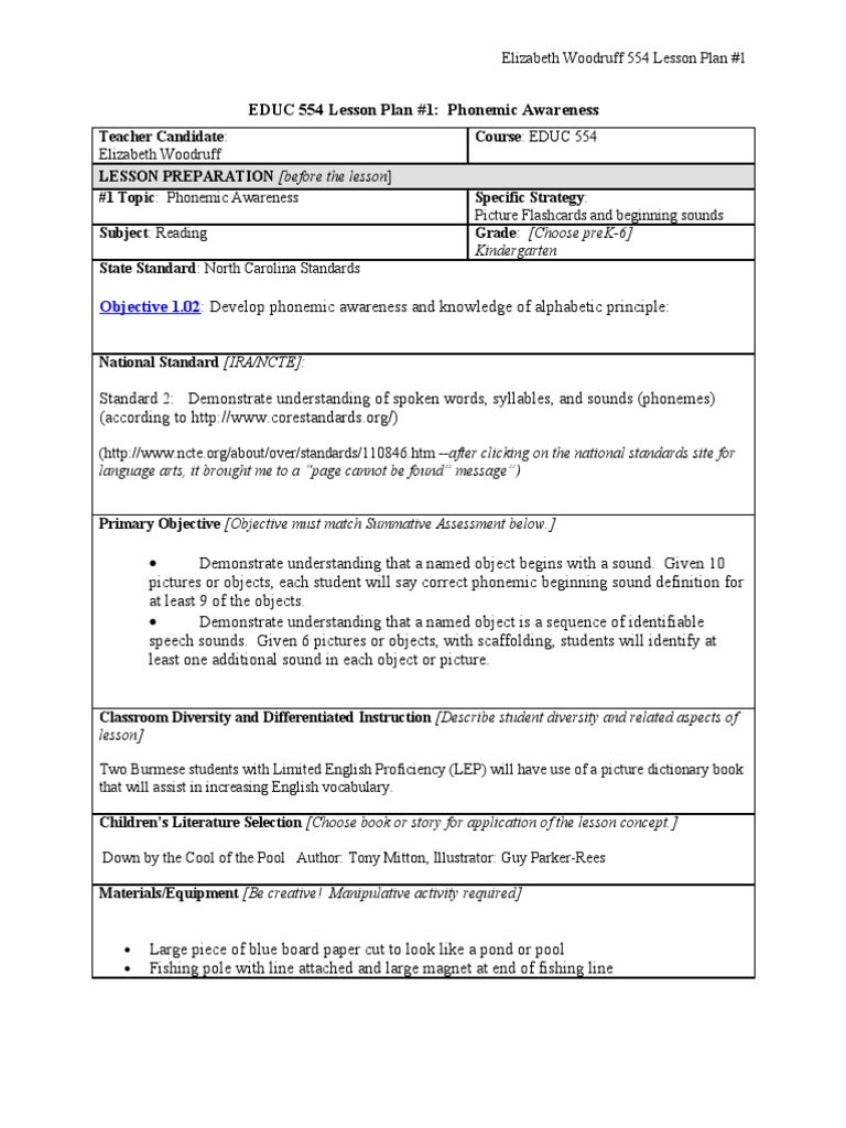 Lesson Plan 1 Phonemic Awareness | PDF | Lesson Plan | Educational ...
