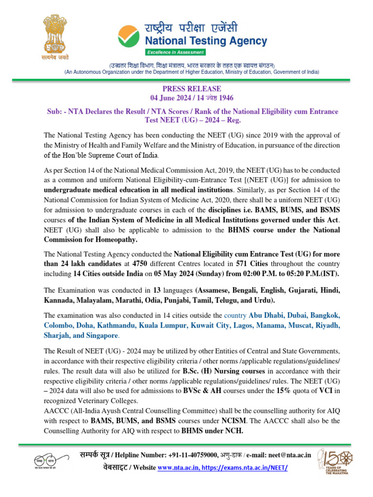 Press Release For The Result Declaration of The Neet Ug 2024 Revised As On 04 June 2024 Without ...