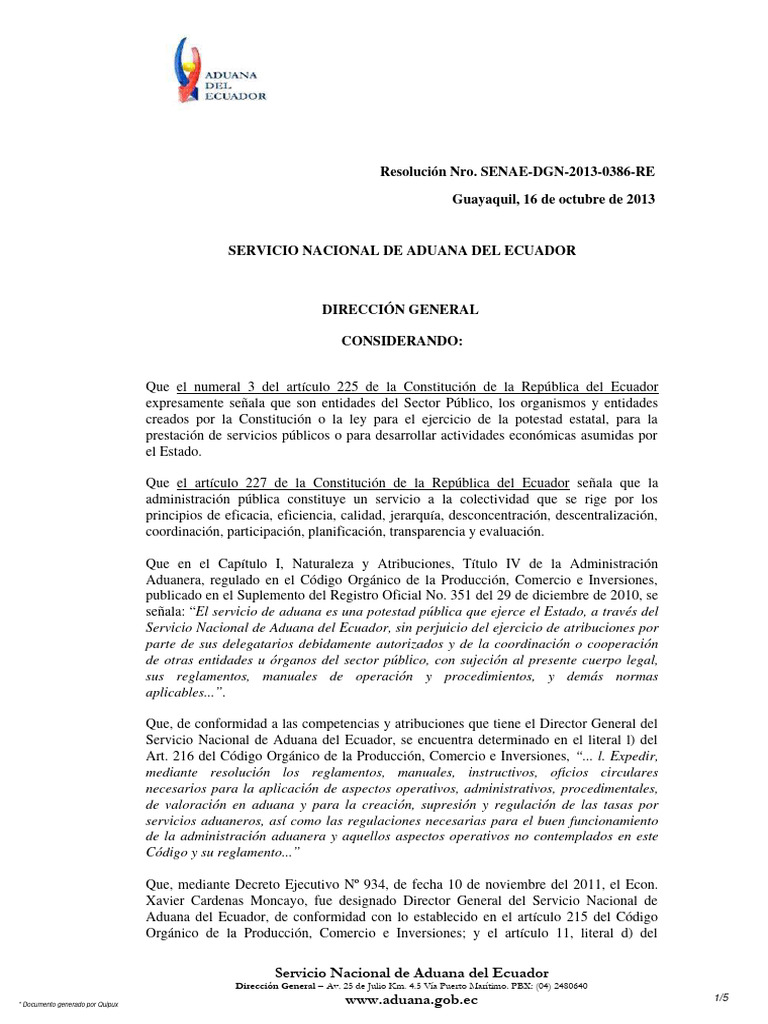 Das Documento Resolución Senae Dgn 2013 0386 Re Instructivo Para Uso ...
